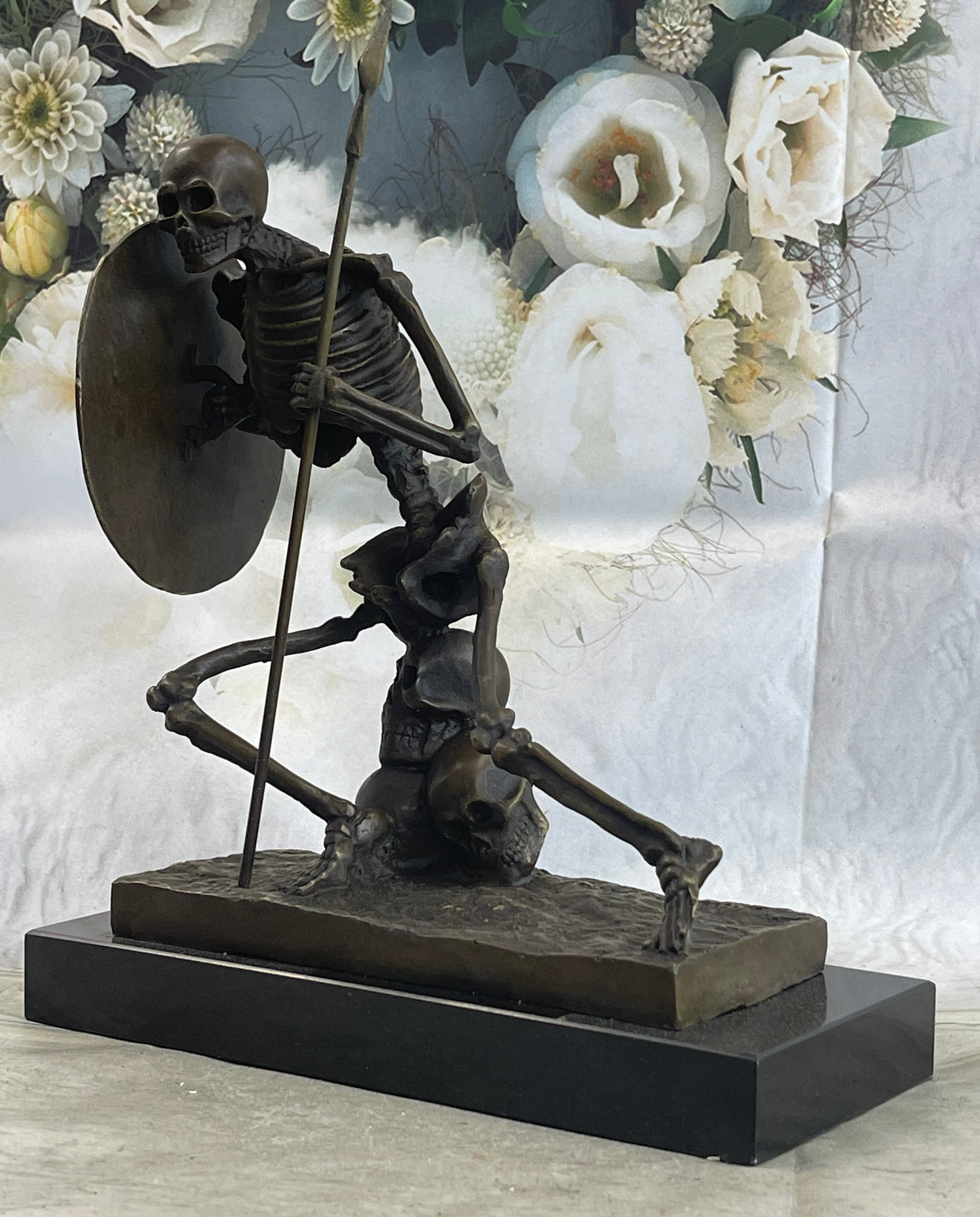 Trinx Shalisa Skeleton Warrior w/ Shield and Spear Bronze Statue Sculpture Marble Base 12" x 10 ...